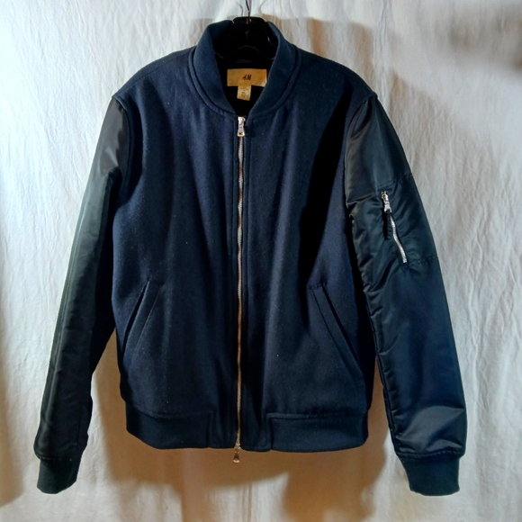 H&M | Jackets & Coats | Hm Mens Large Black Bomber Jacket Moto Wool ...